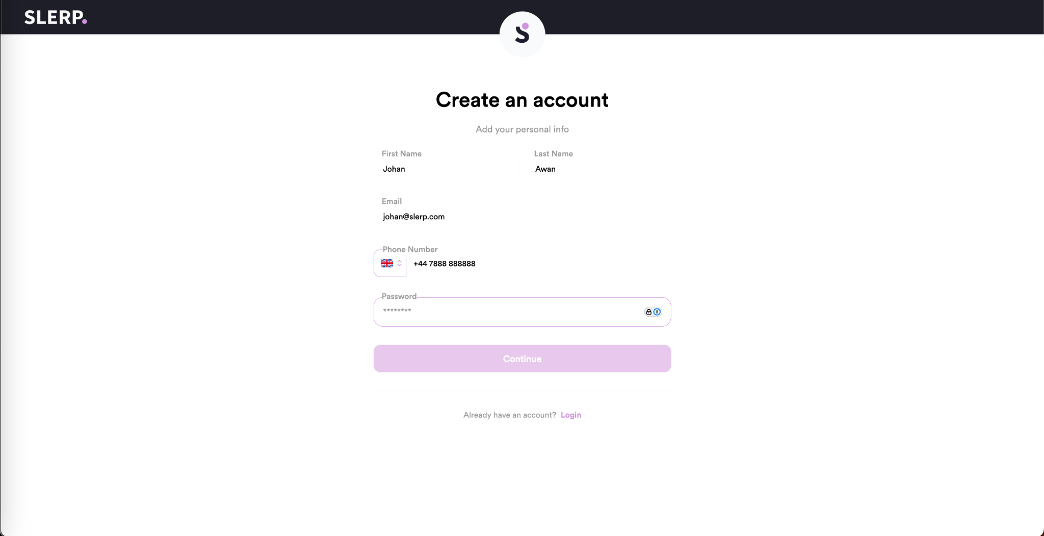 Slerp Menu & Order Manager Account Creation